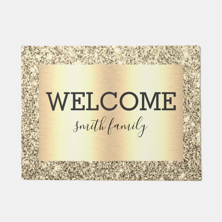 Luxe Gold Glitter Metallic Welcome Personalized Doormat | Zazzle