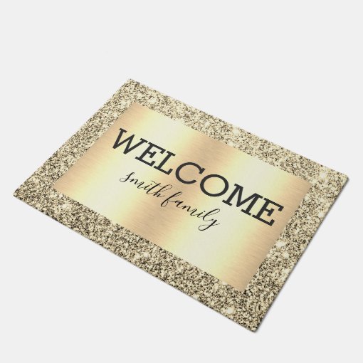 Luxe Gold Glitter Metallic Welcome Personalized Doormat | Zazzle