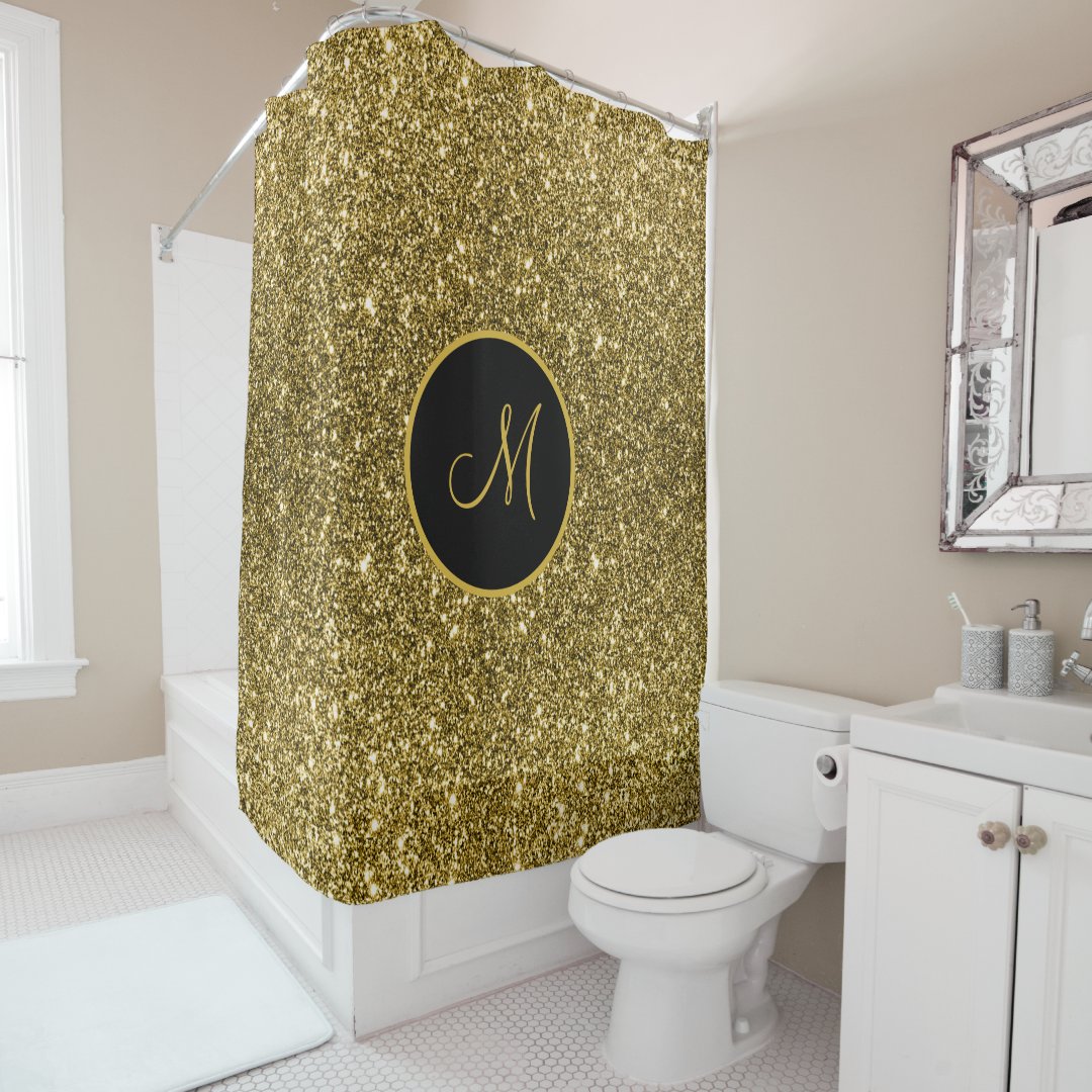 Luxe Gold Glitter Sparkle Custom Monogrammed Shower Curtain | Zazzle
