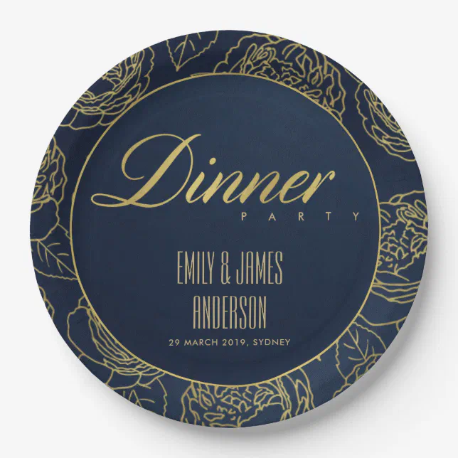 LUXE GOLD NAVY ELEGANT ROSE FLORAL DINNER PARTY PAPER PLATES | Zazzle