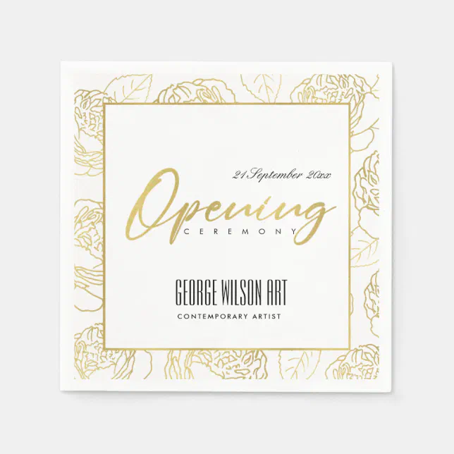 LUXE GOLD WHITE ROSE FLORAL GRAND OPENING CEREMONY NAPKINS | Zazzle