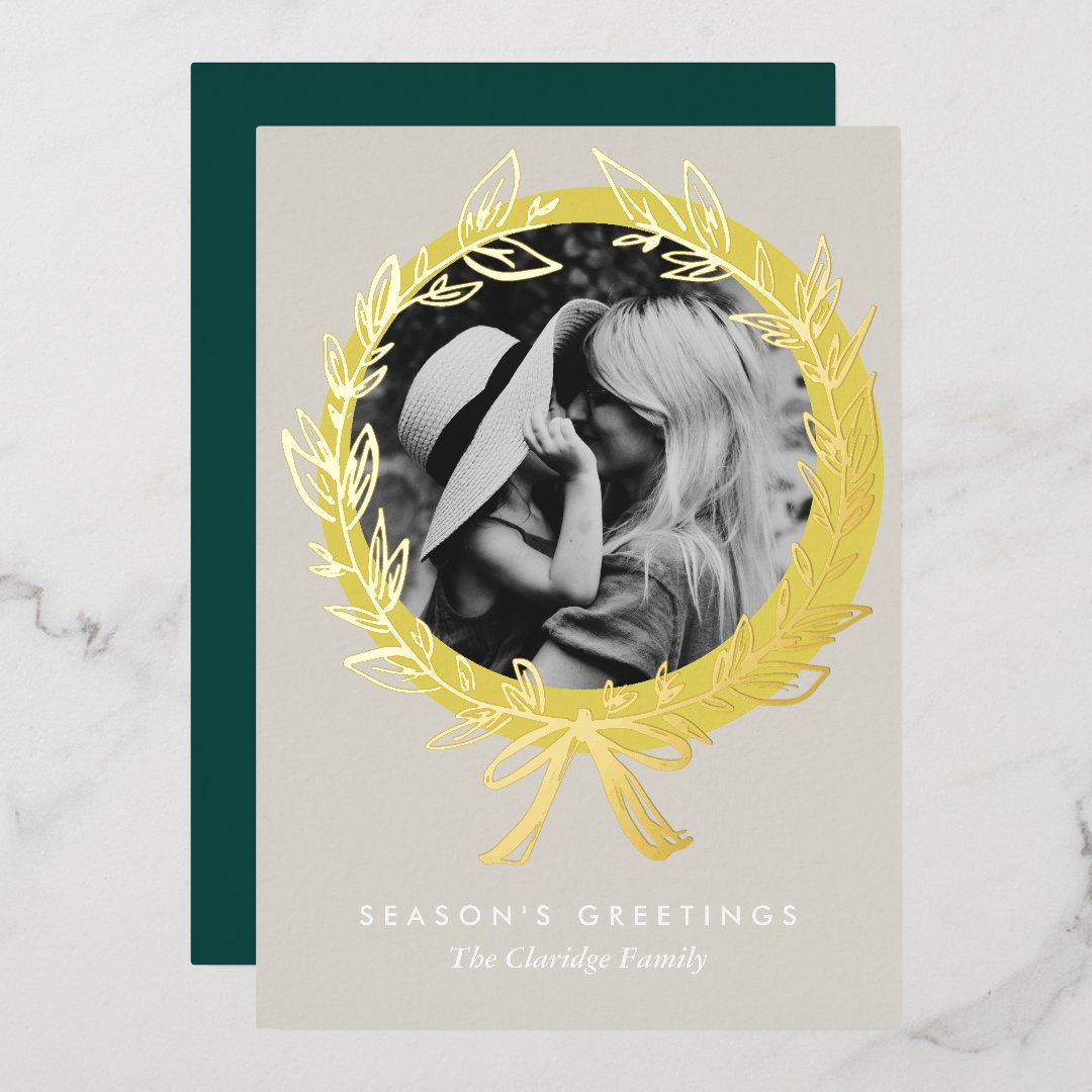 Luxe Golden Wreath Frame Photo Gold Foil Holiday Card | Zazzle