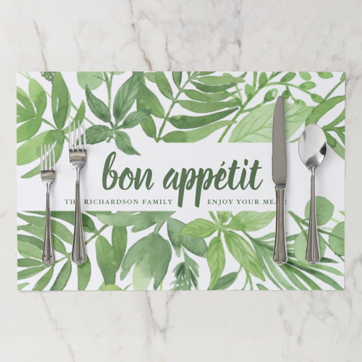 Luxe Leaves | Green Botanical Frame Bon Appetit Paper Placemat | Zazzle