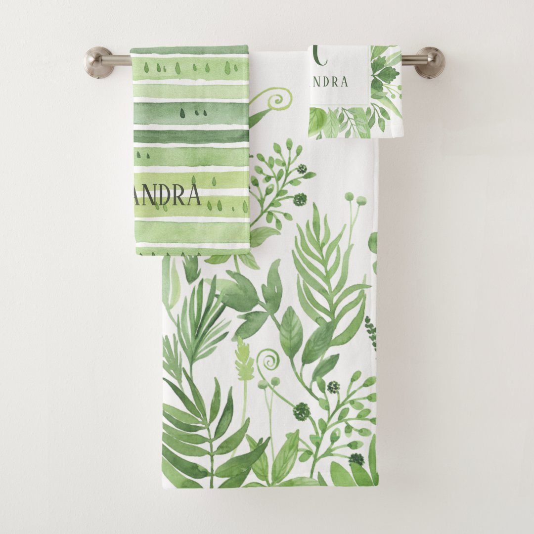 Luxe Leaves | Green Botanicals and Monogram Bath Towel Set | Zazzle