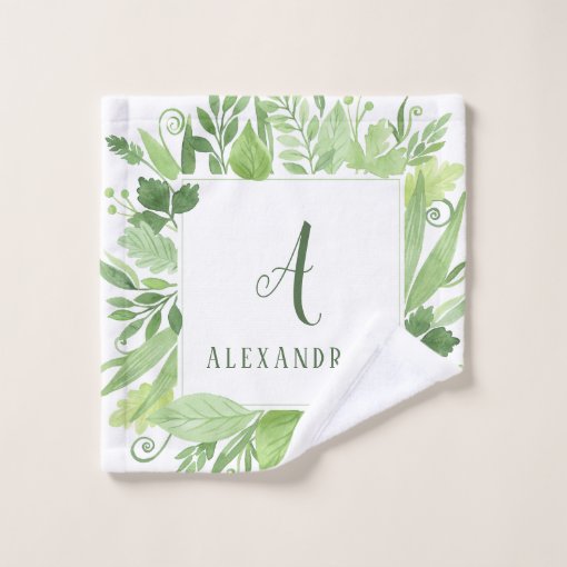 Luxe Leaves | Green Botanicals and Monogram Bath Towel Set | Zazzle