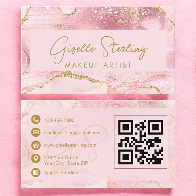 Luxe Makeup Artist Blush Pink Gold Agate QR Code Business Card | Zazzle