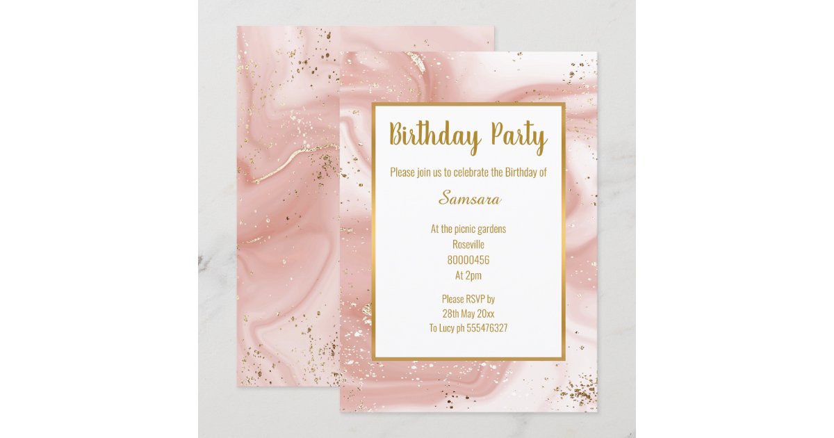 LUXE PINK BLUSH MARBLE BIRTHDAY INVITATION | Zazzle