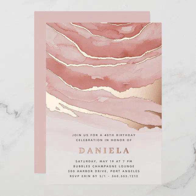 Luxe Pink Marble Birthday Party or Any Occasion Foil Invitation | Zazzle