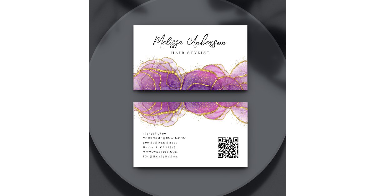 Luxe Purple Gold Glitter QR Code Business Card | Zazzle