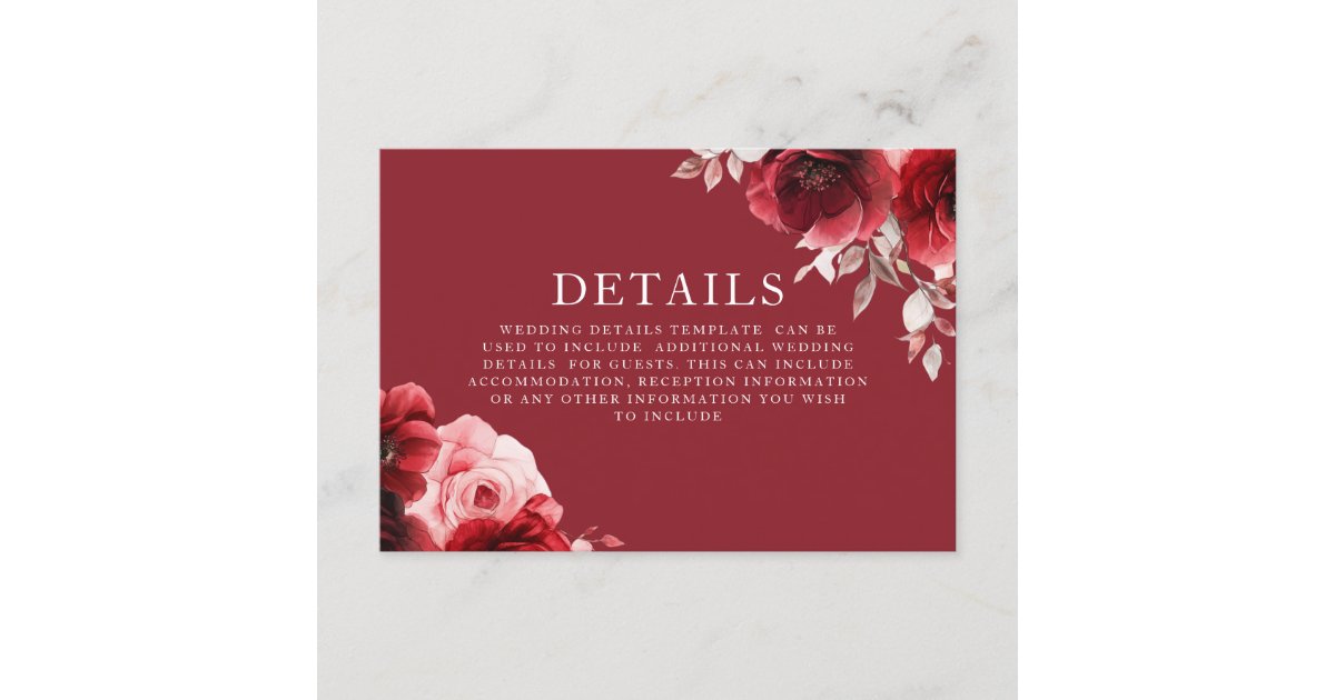 Luxe Radiance Ruby Red Roses Bloom Wedding Details Enclosure Card | Zazzle