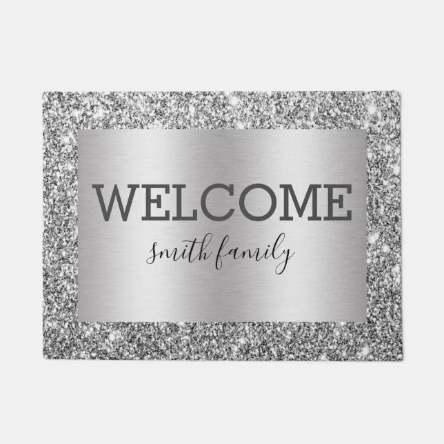 Luxe Silver Glitter Metallic Welcome Personalized Doormat | Zazzle