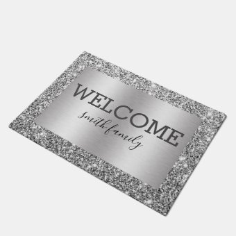 Luxe Silver Glitter Metallic Welcome Personalized Doormat | Zazzle