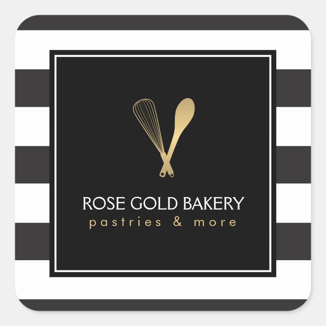 Luxe Striped Gold Whisk Spoon Logo Bakery, Chef Square Sticker | Zazzle