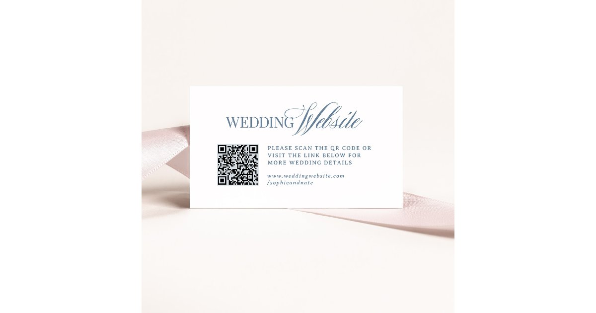 Luxe White and Dusty Blue Wedding Website QR Code Enclosure Card | Zazzle
