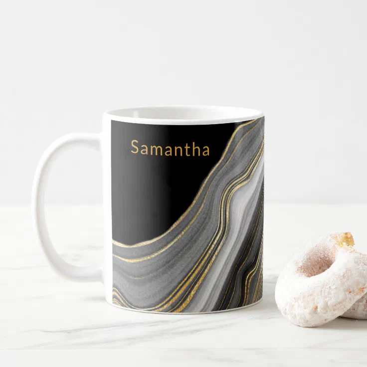 Luxurious Black, Gold and Gray Monogrammed Agate Coffee Mug | Zazzle