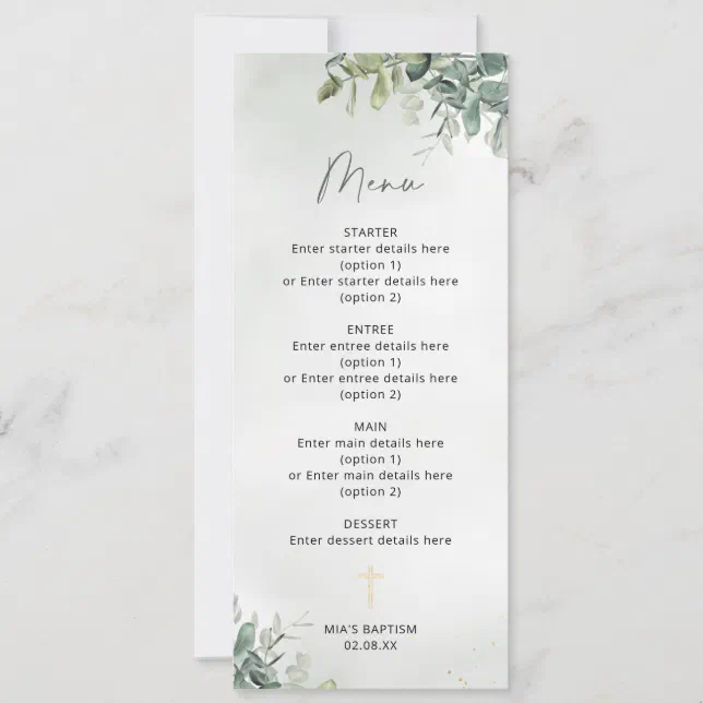 Luxurious Botanical Baptism Menu Card | Zazzle
