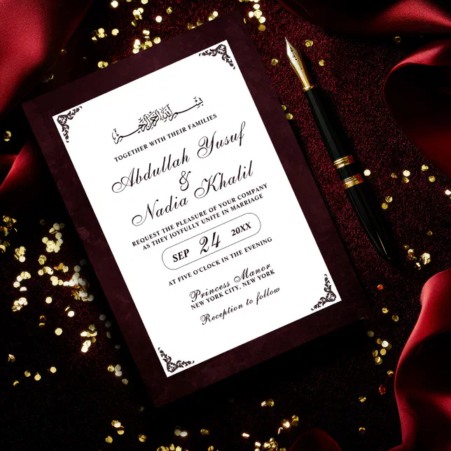Luxurious Burgundy & White QR Code Islamic Wedding Invitation | Zazzle