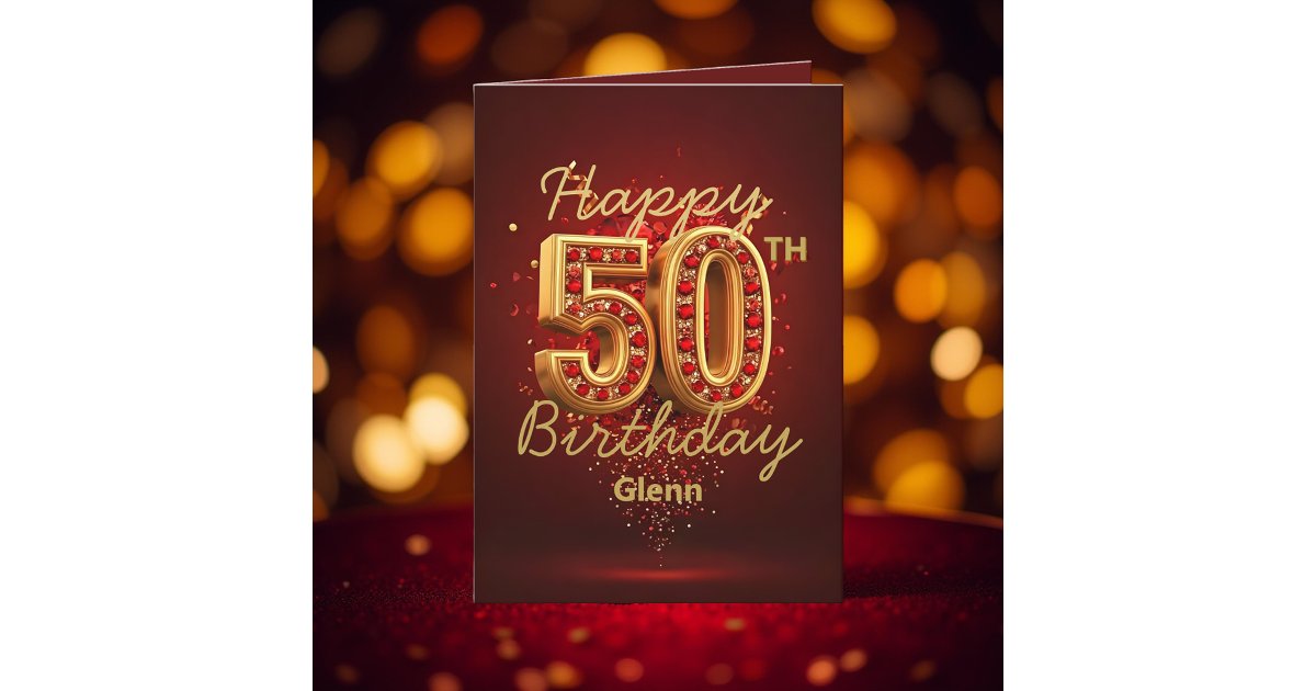 Luxurious Gold and Deep Red Gemstone 50th Birthday Card | Zazzle