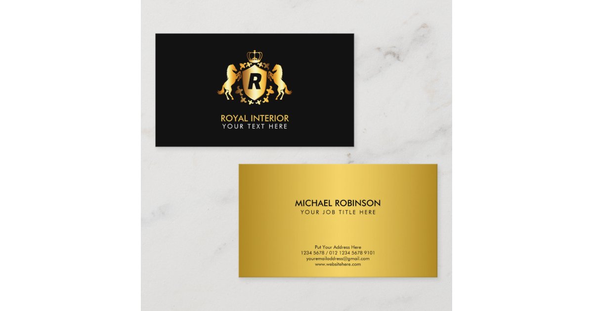 Luxurious Gold Royal Emblem | Initial on Black Business Card | Zazzle