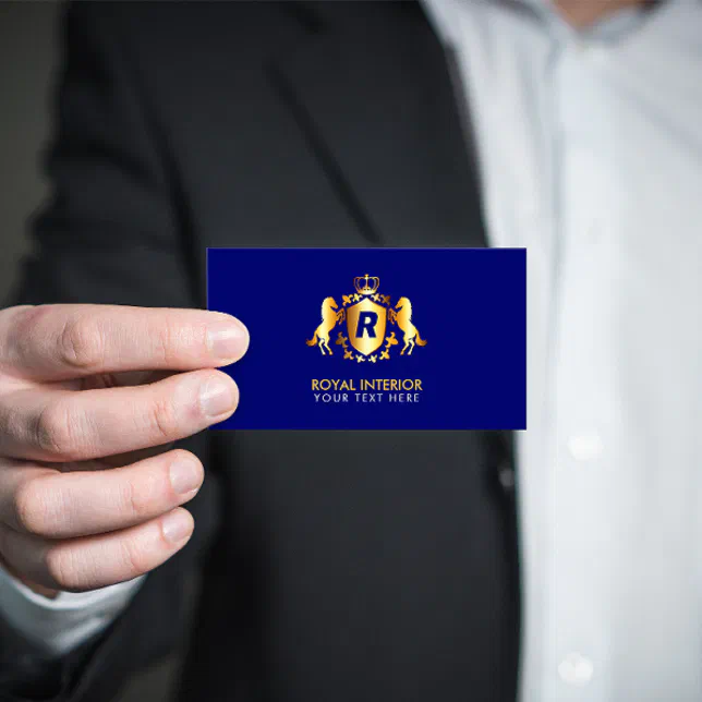 Luxurious Gold Royal Emblem | Initial on Blue Business Card | Zazzle