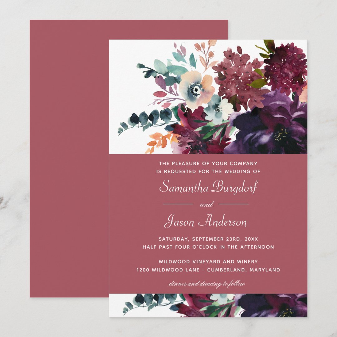 Luxurious Rose Wine Watercolor Floral Wedding Invitation | Zazzle
