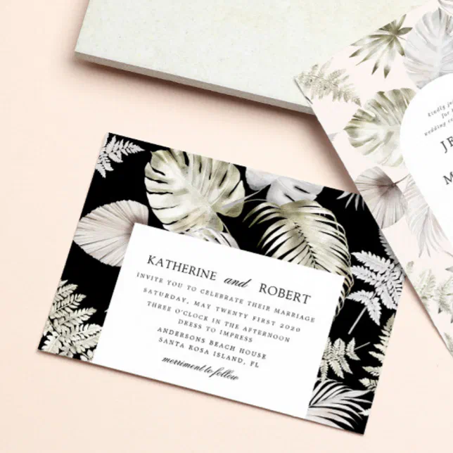 Luxurious Silver Tropical Foliage Wedding Invitation | Zazzle