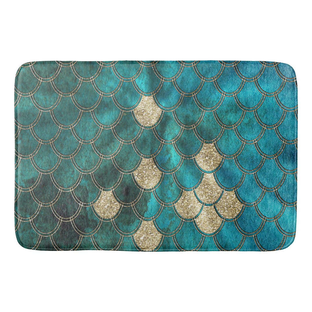 Luxury Aqua Green Mermaid Scales with Gold Glitter Bathroom Mat | Zazzle