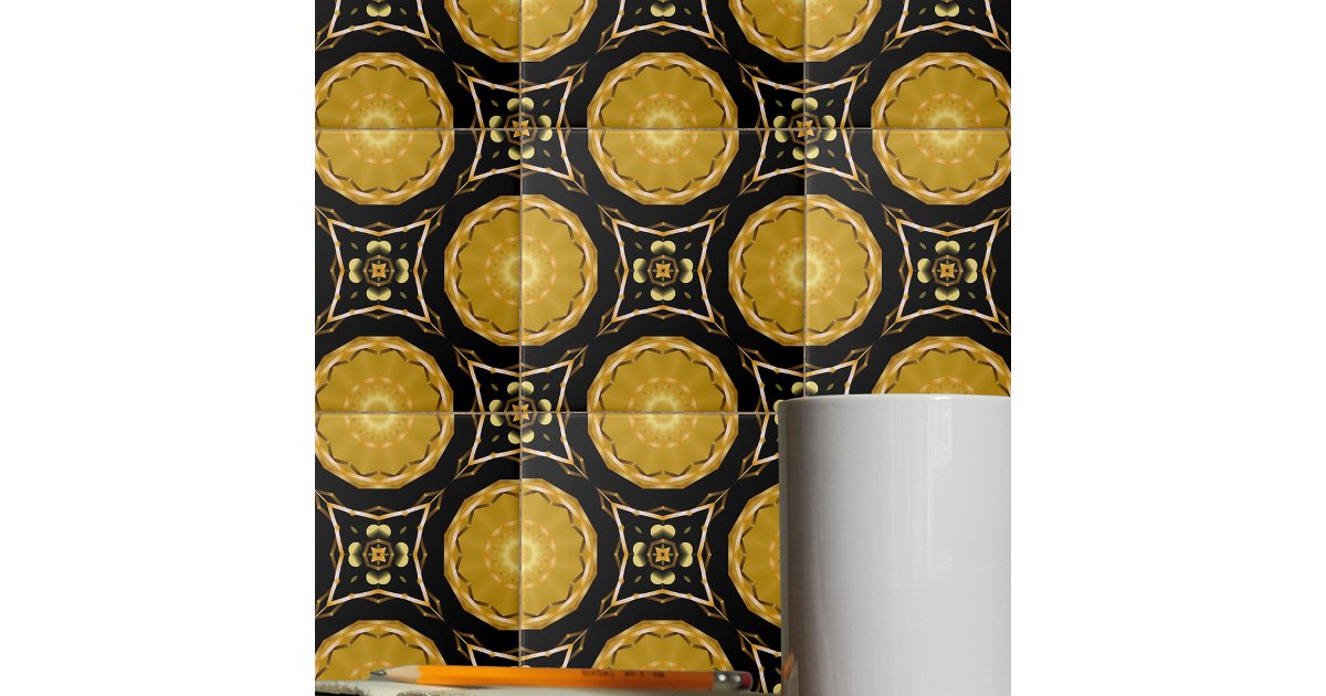 Luxury Arabesque Ethnic Mosaic Gold and Black Ceramic Tile | Zazzle