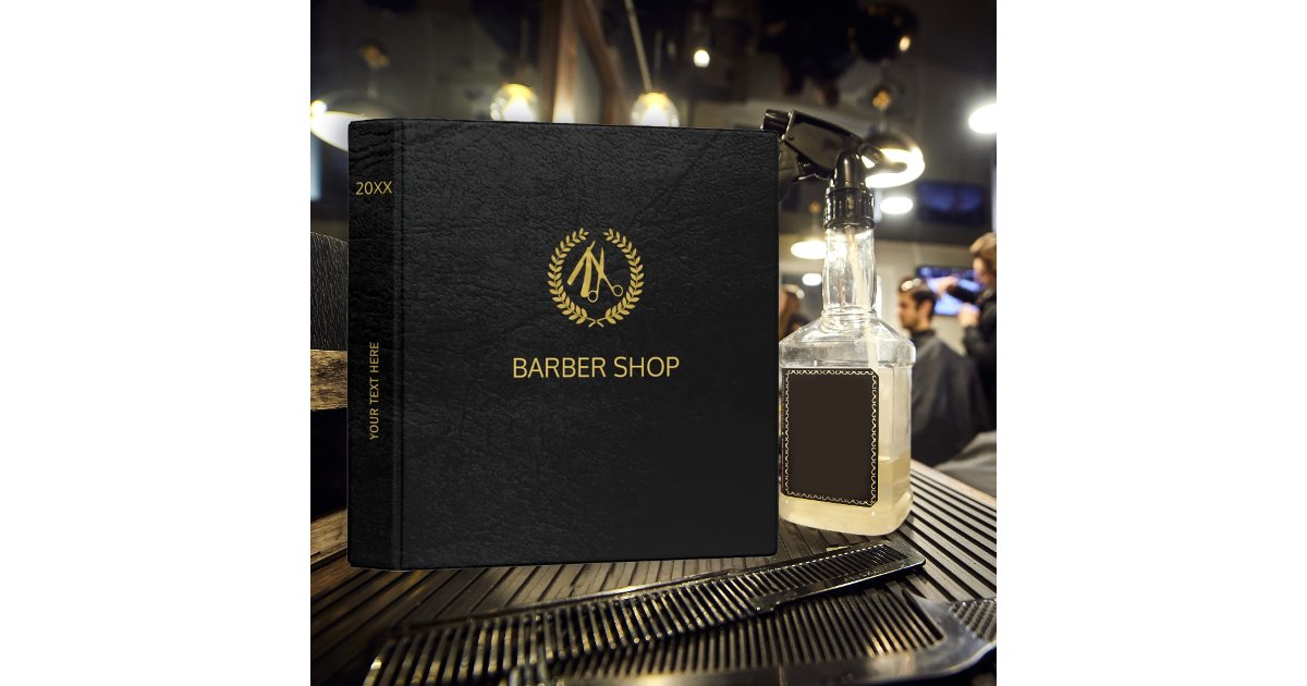 Luxury barber shop black leather look gold 3 ring binder | Zazzle