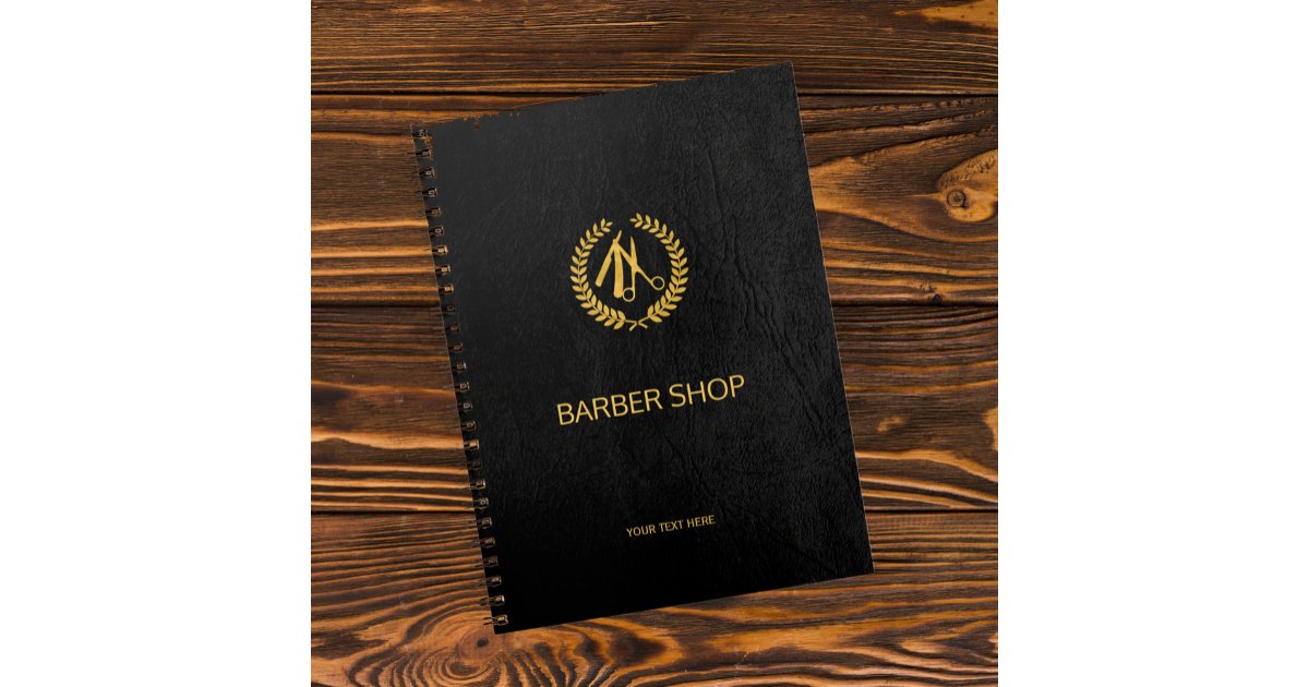 Luxury barber shop black leather look gold notebook | Zazzle