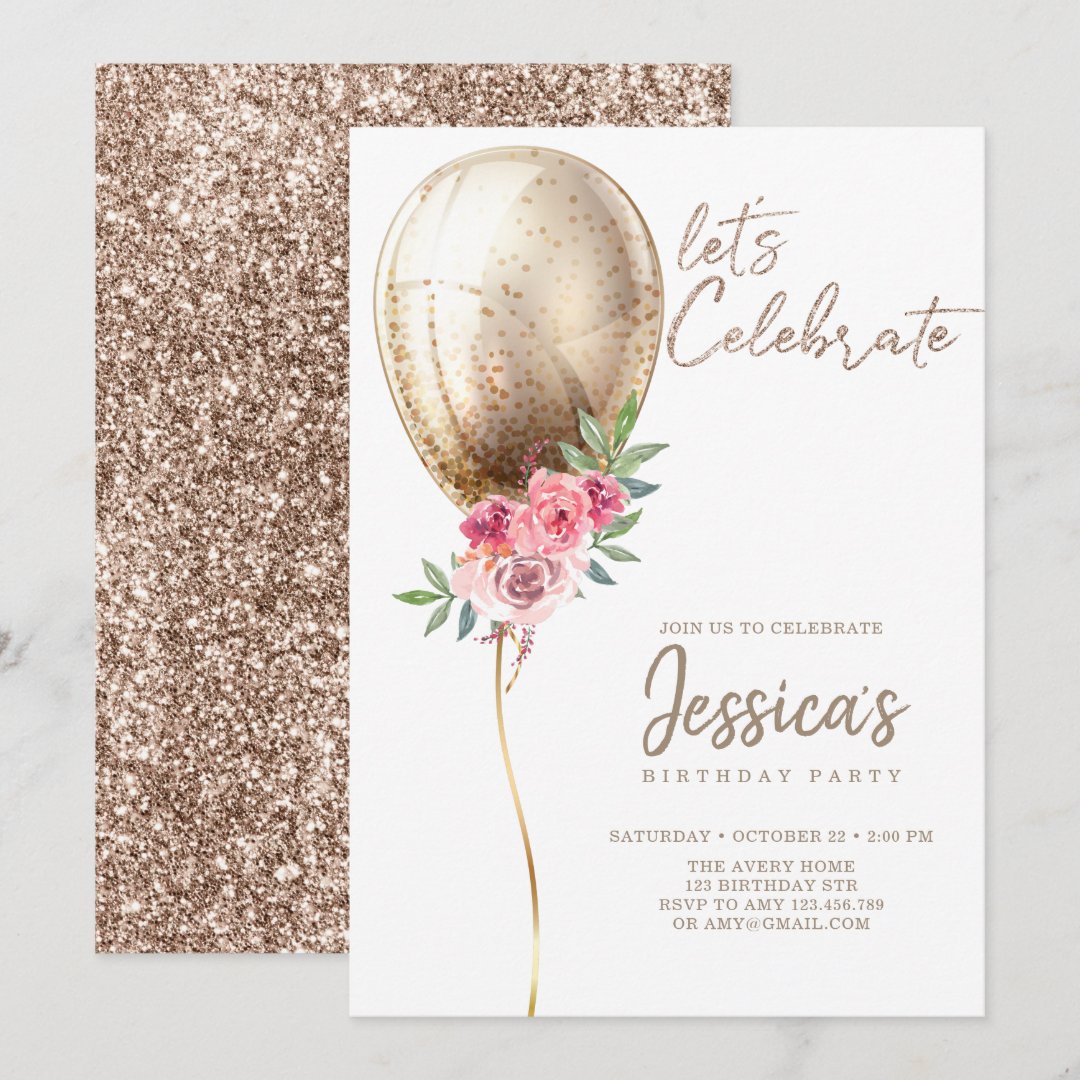 Luxury Beige Balloon Glitter Birthday Invitation | Zazzle