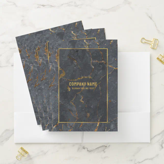Luxury black and gold marble simple gold frame pocket folder | Zazzle