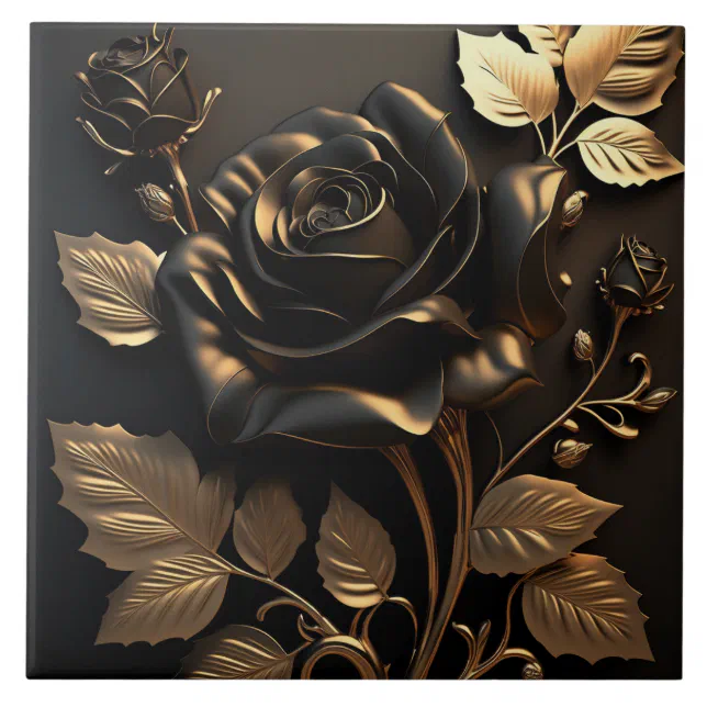 Luxury Black and Gold Rose Ceramic Tile | Zazzle