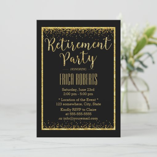 Luxury Black Gold Confetti Framed Retirement Party Invitation | Zazzle