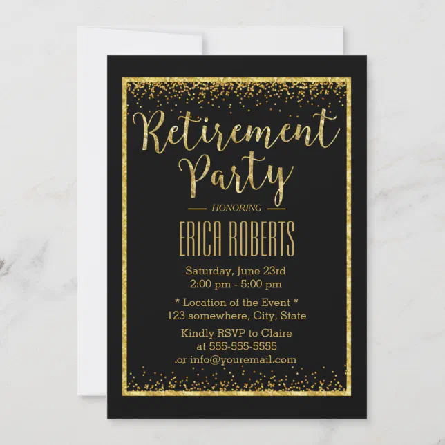 Luxury Black Gold Confetti Framed Retirement Party Invitation | Zazzle