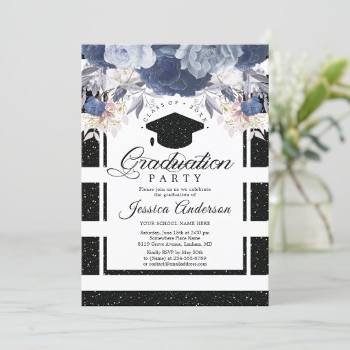 Luxury Black Gold Glitter Floral Graduation Invitation | Zazzle