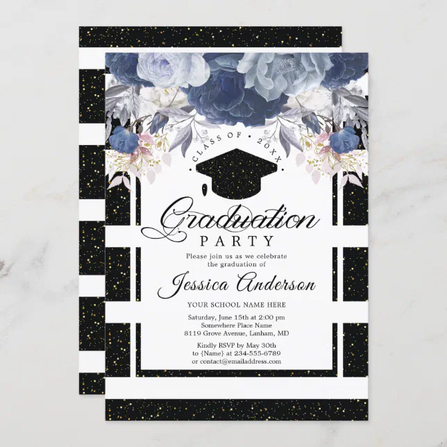 Luxury Black Gold Glitter Floral Graduation Invitation | Zazzle