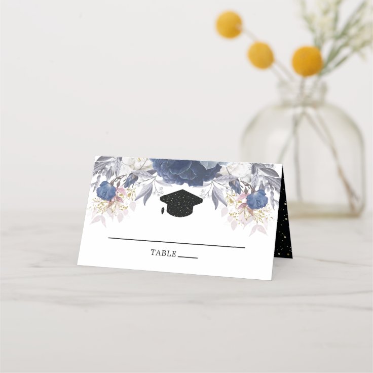 Luxury Black Gold Glitter Floral Graduation Place Card | Zazzle