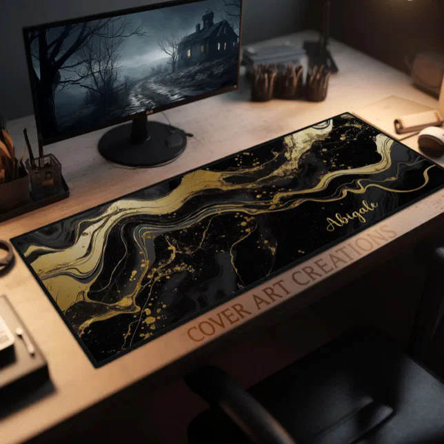 Luxury Black Gold Marble Personalized Desk Mat | Zazzle
