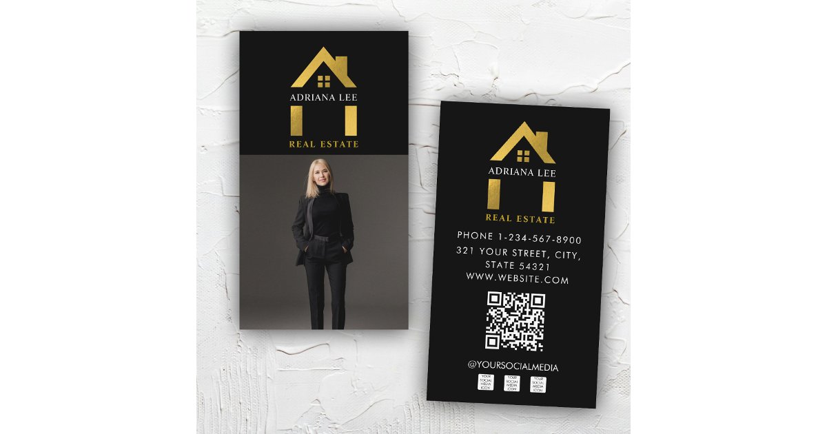 Luxury Black Gold Photo Real Estate Agent QR Code Business Card | Zazzle