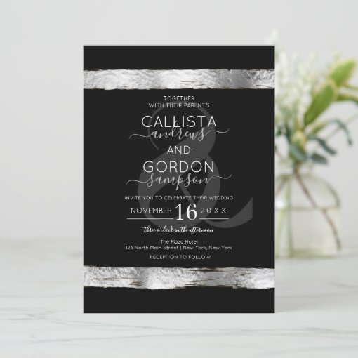 Luxury Black Silver Brushstroke Border Wedding Invitation | Zazzle