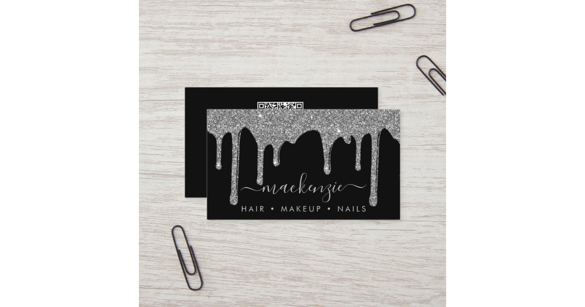 Luxury Black Silver Sparkle Glitter Drips QR Code Business Card | Zazzle