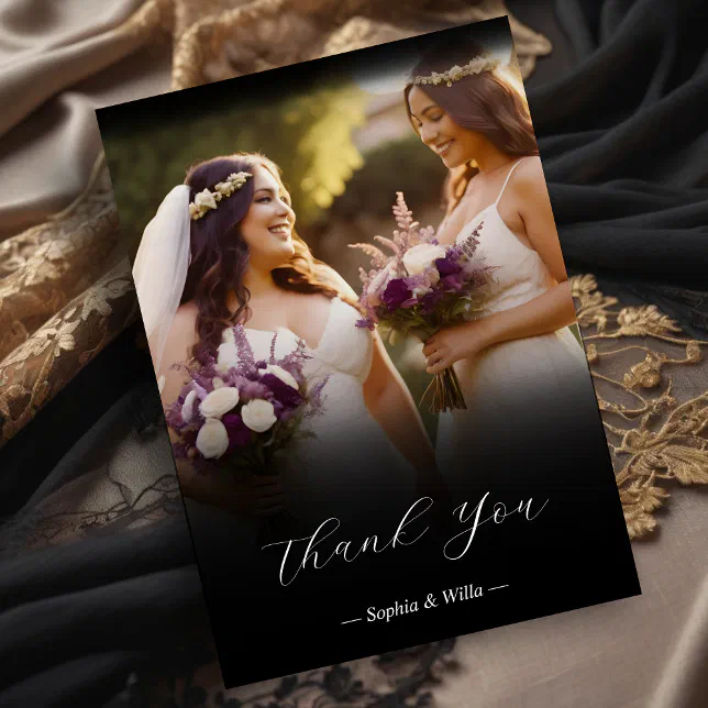 Luxury Black Transparency Gradient Photo Newlyweds Thank You Card | Zazzle