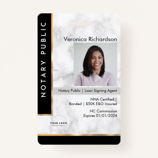 Luxury Black White Gold Marble Professional Notary Badge | Zazzle