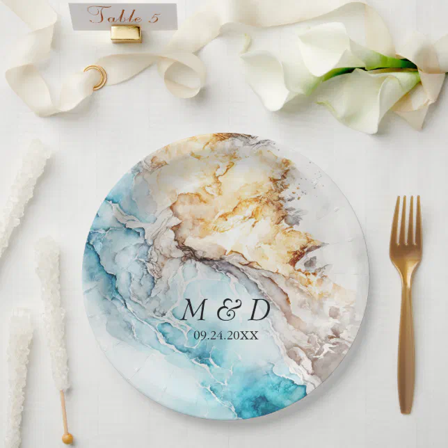 Luxury Blue And Gold Marble Wedding Paper Plates | Zazzle