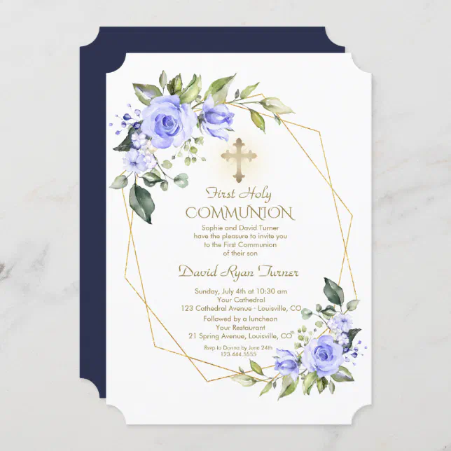 Luxury Blue Flowers Gold Frame Holy Communion Invitation | Zazzle