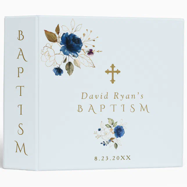Luxury Blue Gold Floral Baptism Photo Album 3 Ring Binder | Zazzle