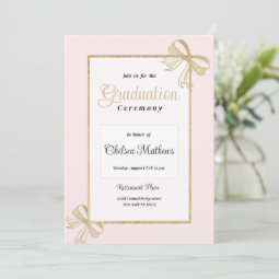 Luxury blush pink gold glitter bow Graduation Invitation | Zazzle