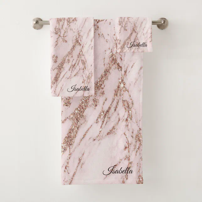 Luxury Blush Rose Pink Glitter Marble Customize Bath Towel Set | Zazzle