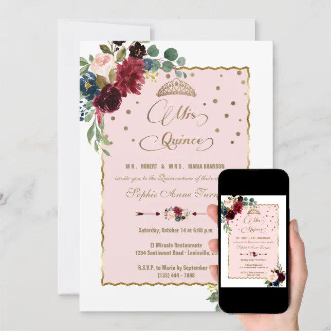 Luxury Burgundy Floral Gold Mis Quince Quinceañera Invitation | Zazzle